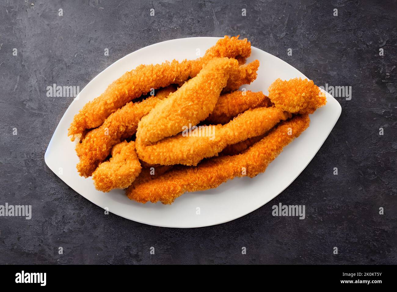 A top view of crispy chicken nuggets on a white plate against a grey ...