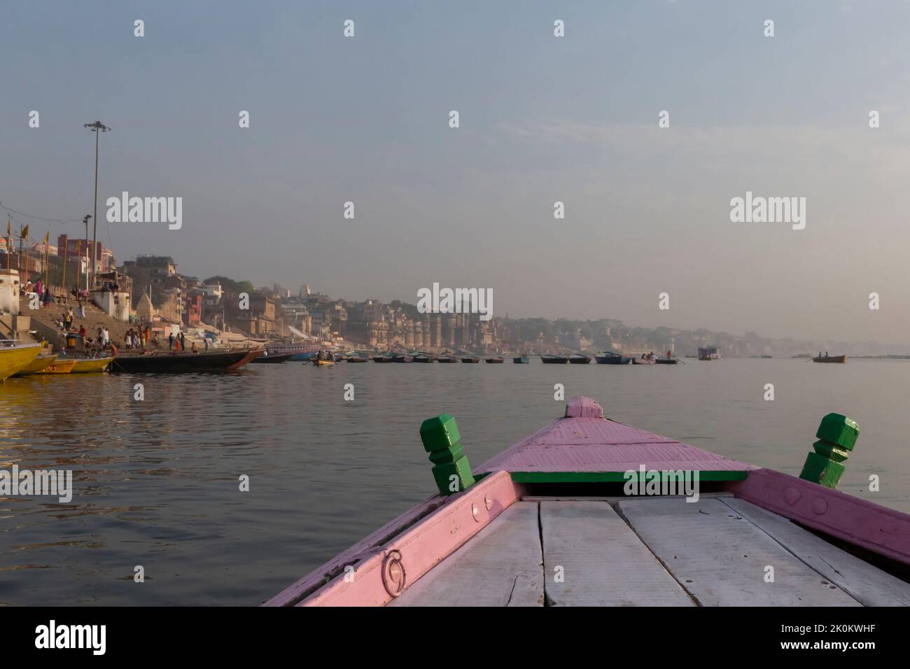 view of Varanasi city and Ganges river in India from a boat Stock Photo ...