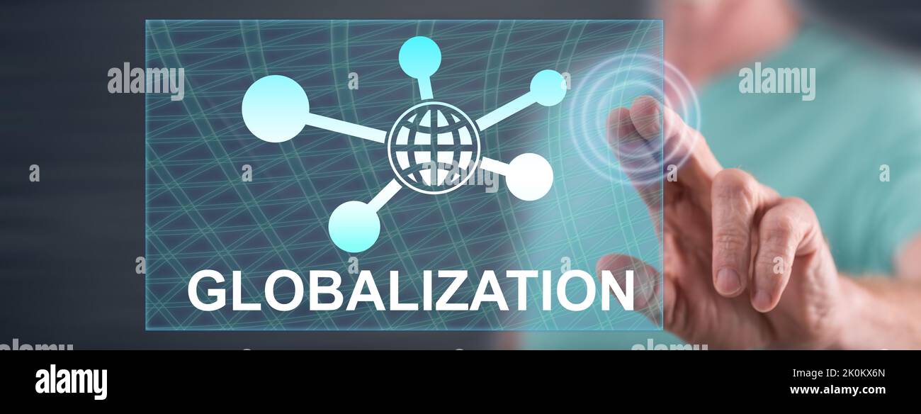 Man touching a globalization concept on a touch screen with his finger ...