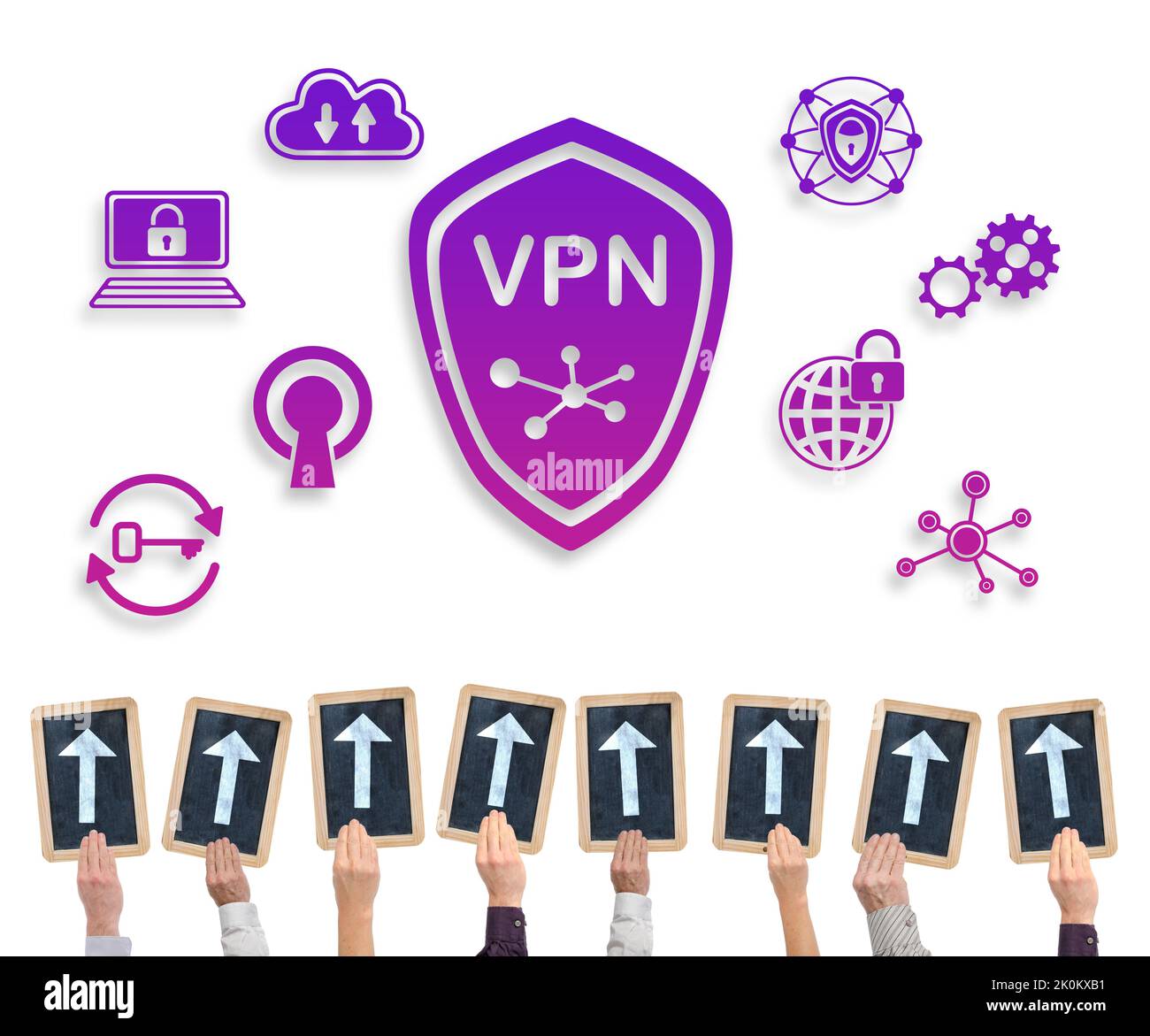 Hands holding writing slates with arrows pointing on vpn concept Stock ...