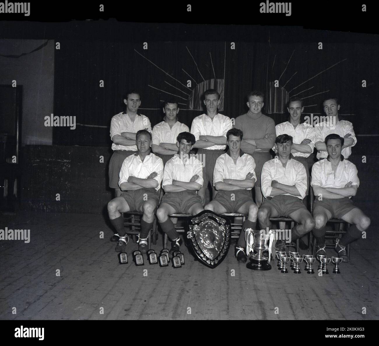 1956, historical, group photo in a village hall of St Mary's football ...