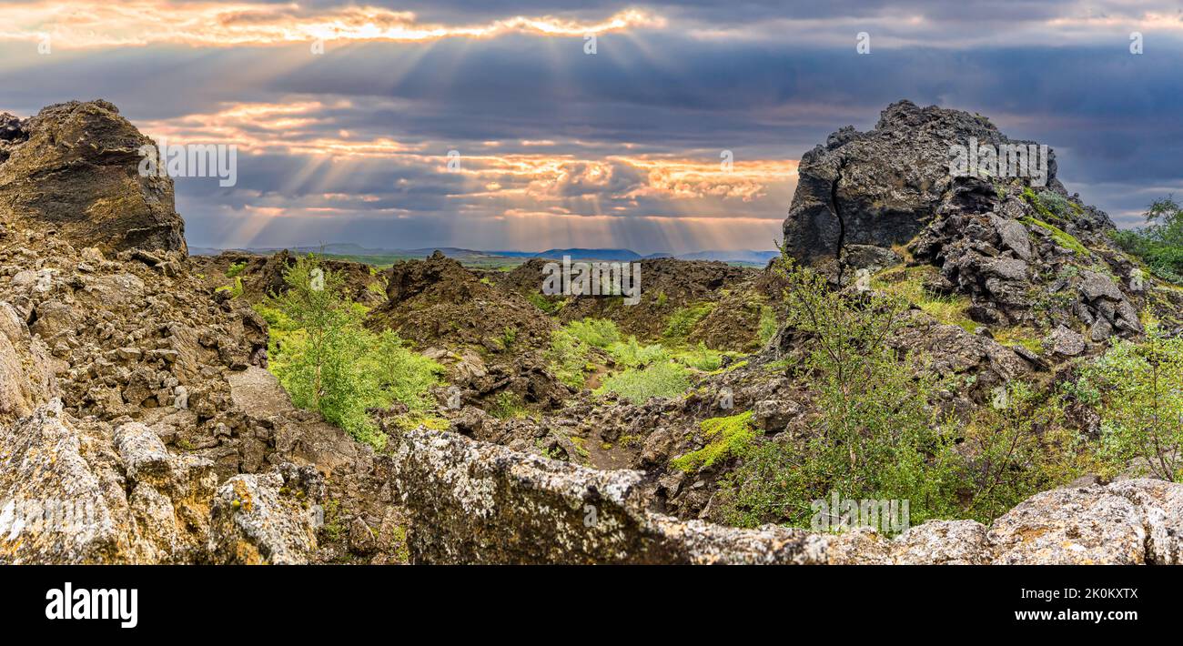 Panoramic picture from the volcanic lava fields of Myvatn on Iceland ...