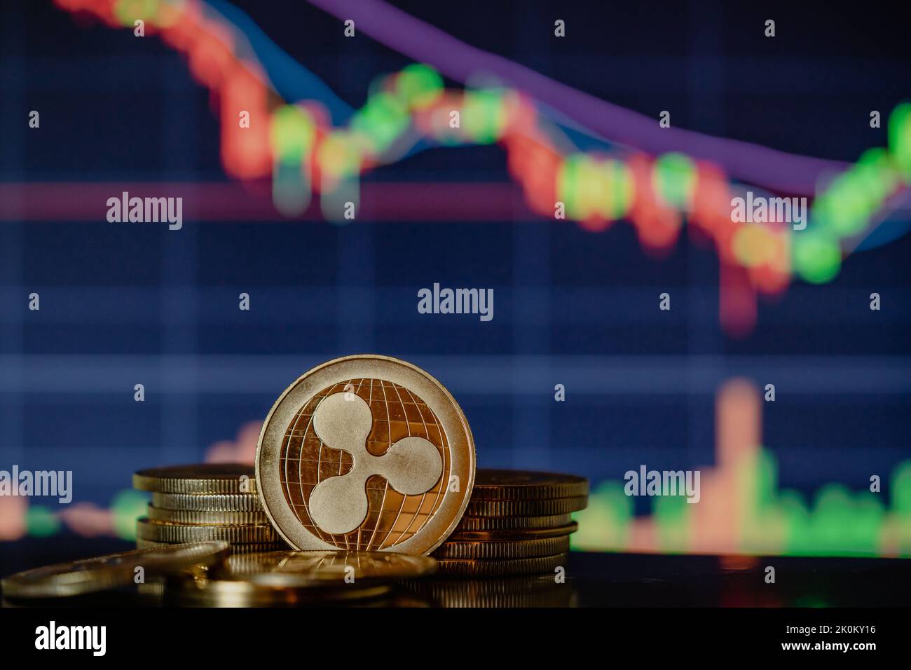 Stack or heap of gold Ripple cryptocurrency with candle stick graph ...