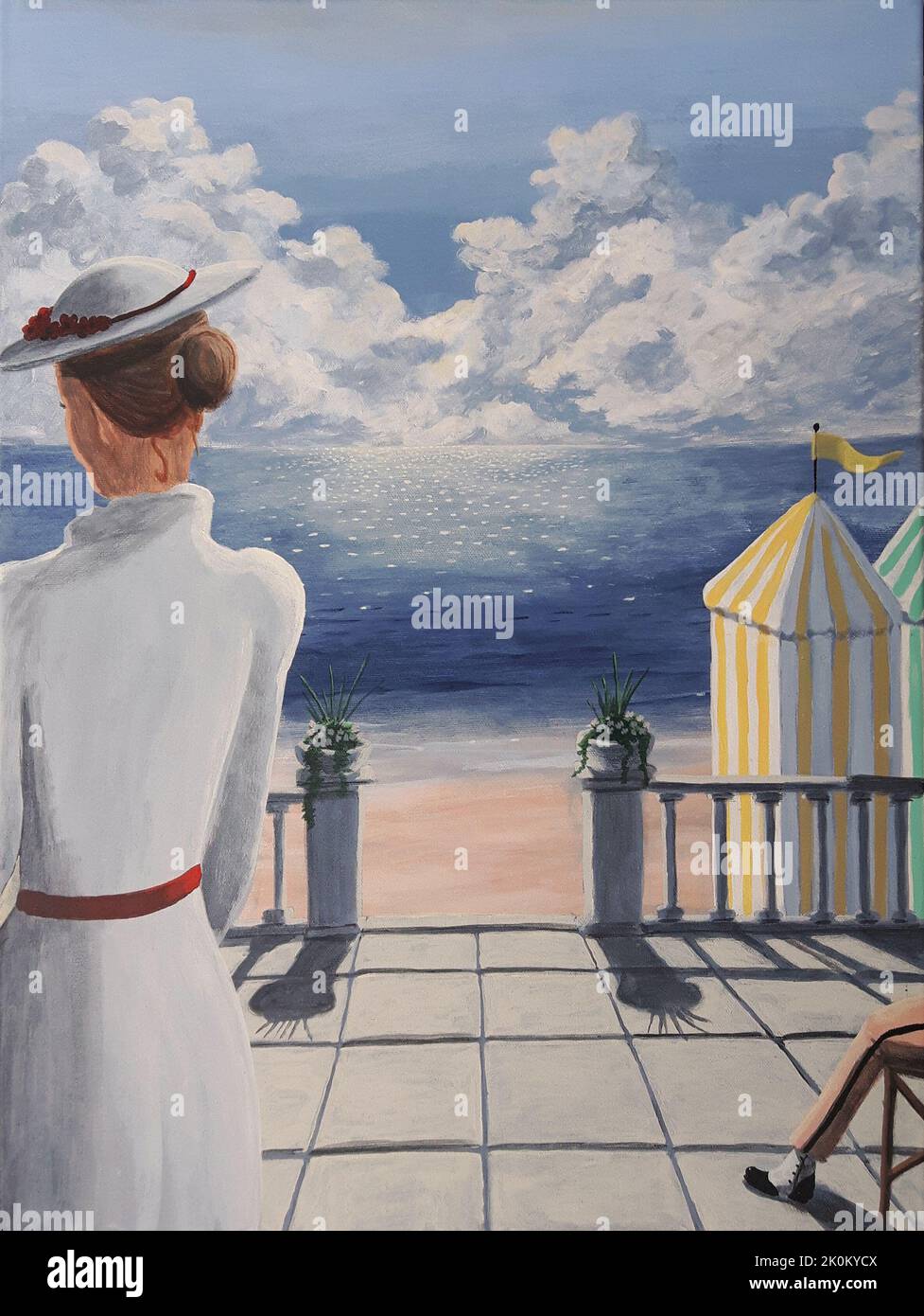 Victorian era scene of a woman in wide on a seaside patio with the sun ...