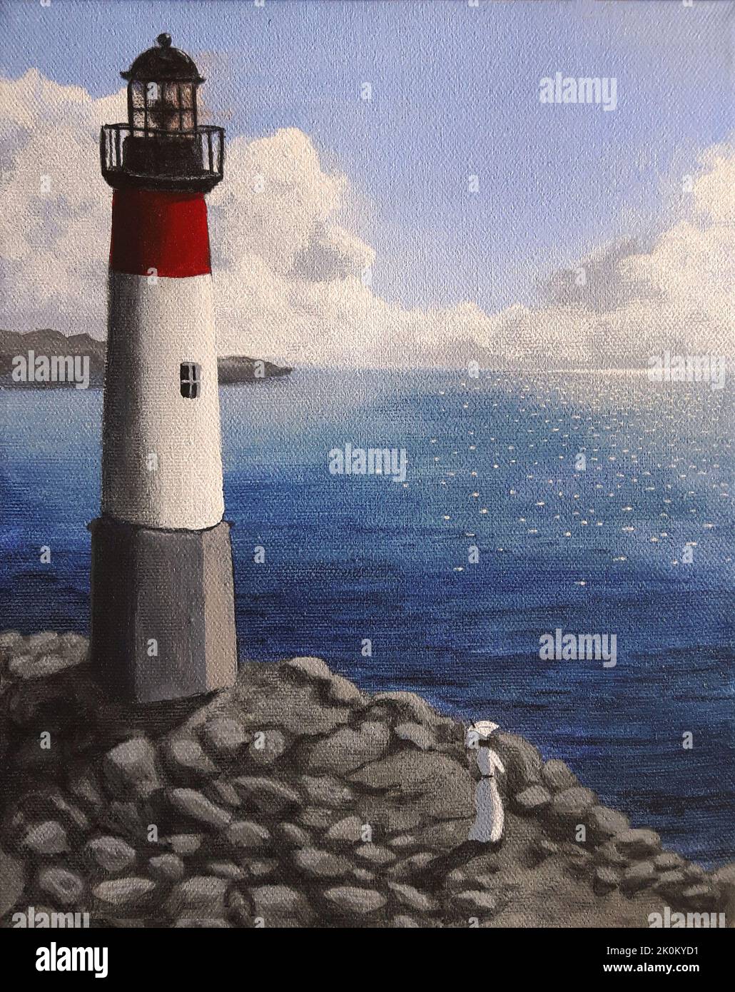 Victorian era scene of a woman in white approaching a lighthouse Stock ...