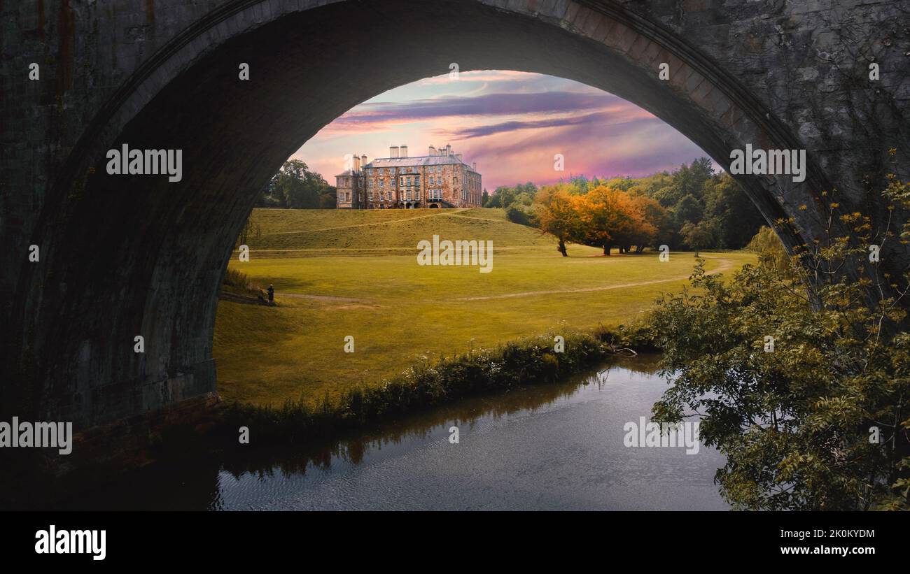 The view of the historical Dalkeith Palace under cloudy dusk sky as ...