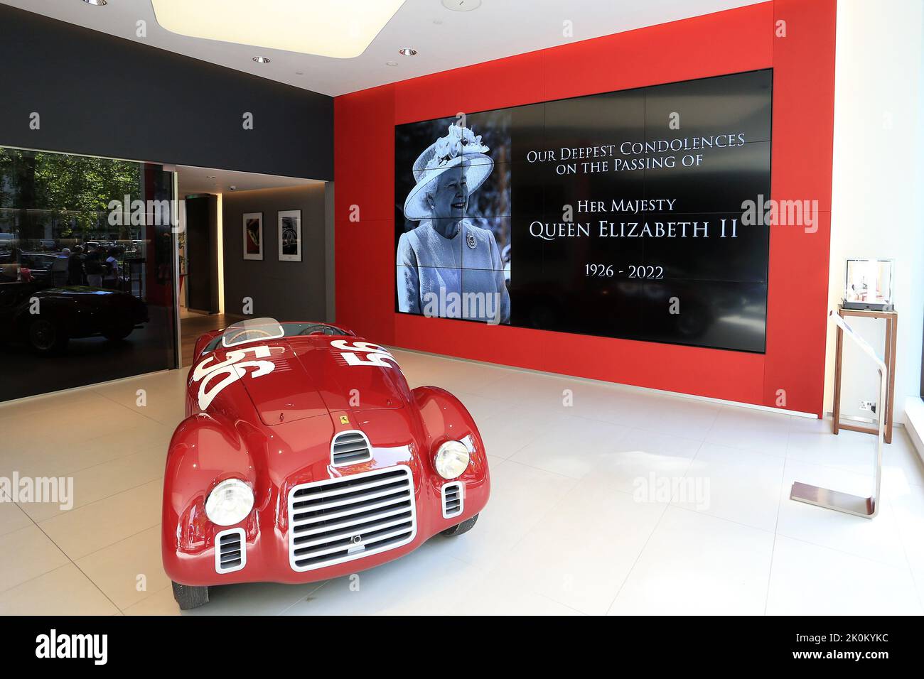 The Ferrari showroom displays a tribute to Queen Elizabeth II at ...