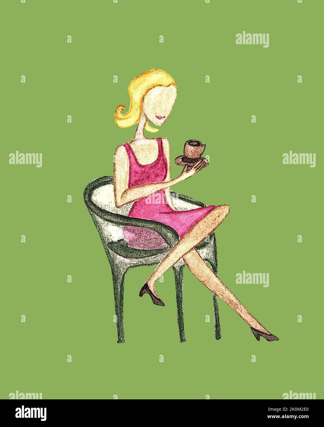 Girl With Cup Of Coffee sitting in street cafe.Hand drawn young woman ...