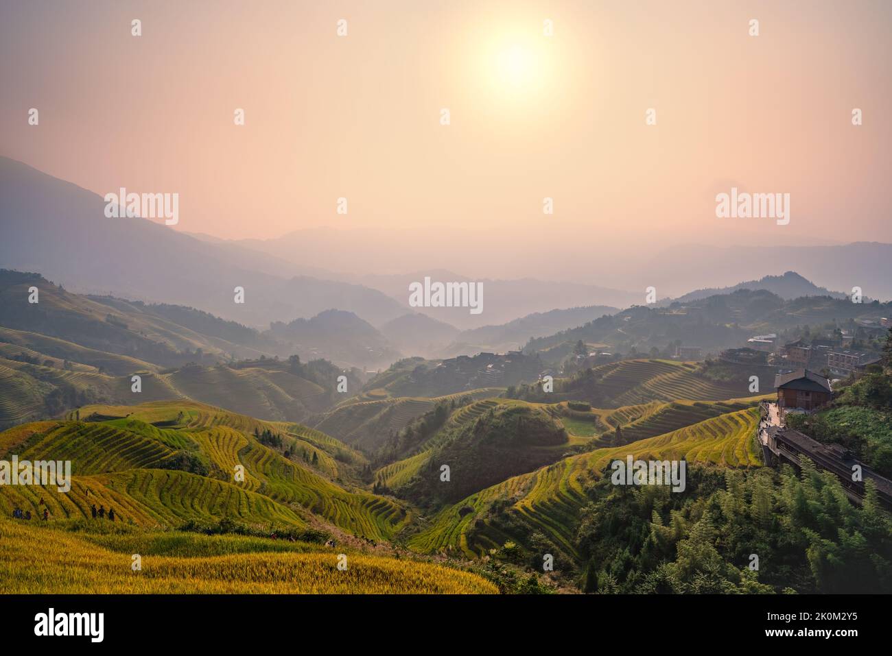 Longji Rice terraces China aerial view sunrise Stock Photo - Alamy