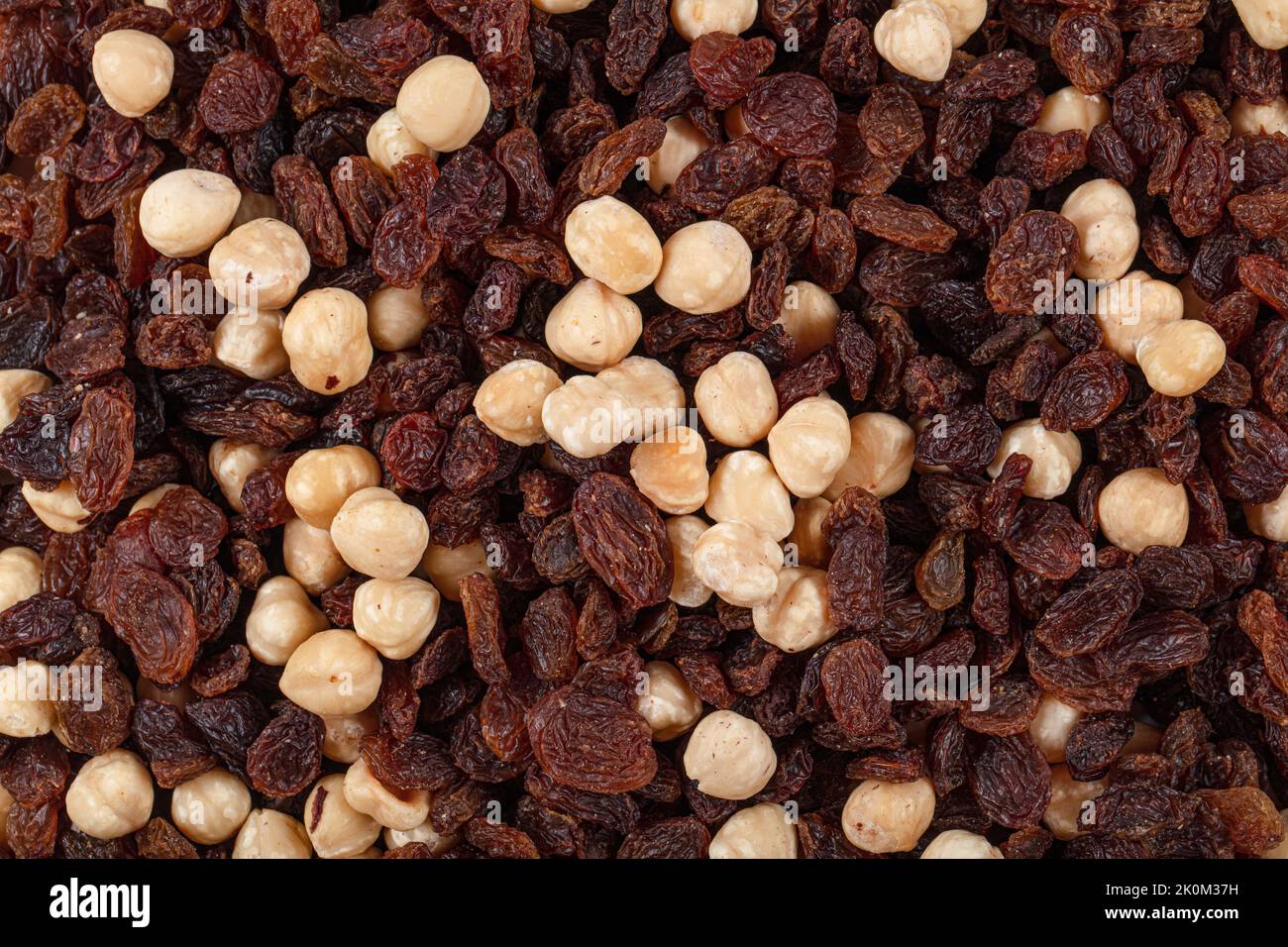 Healthy food, pile of mixed nuts, hazelnut and raisins mix. Hazelnuts ...