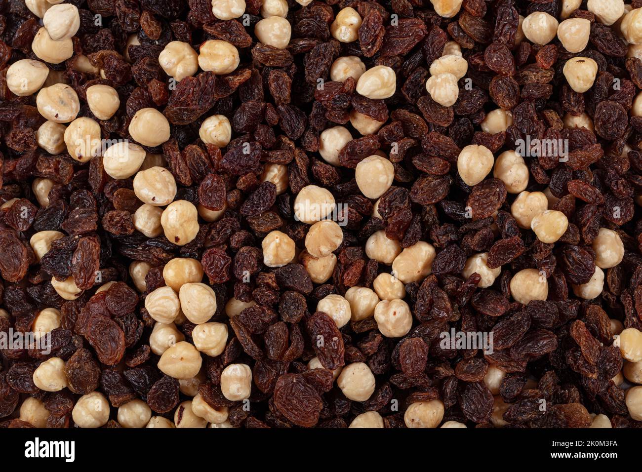 Healthy food, pile of mixed nuts, hazelnut and raisins mix. Hazelnuts ...
