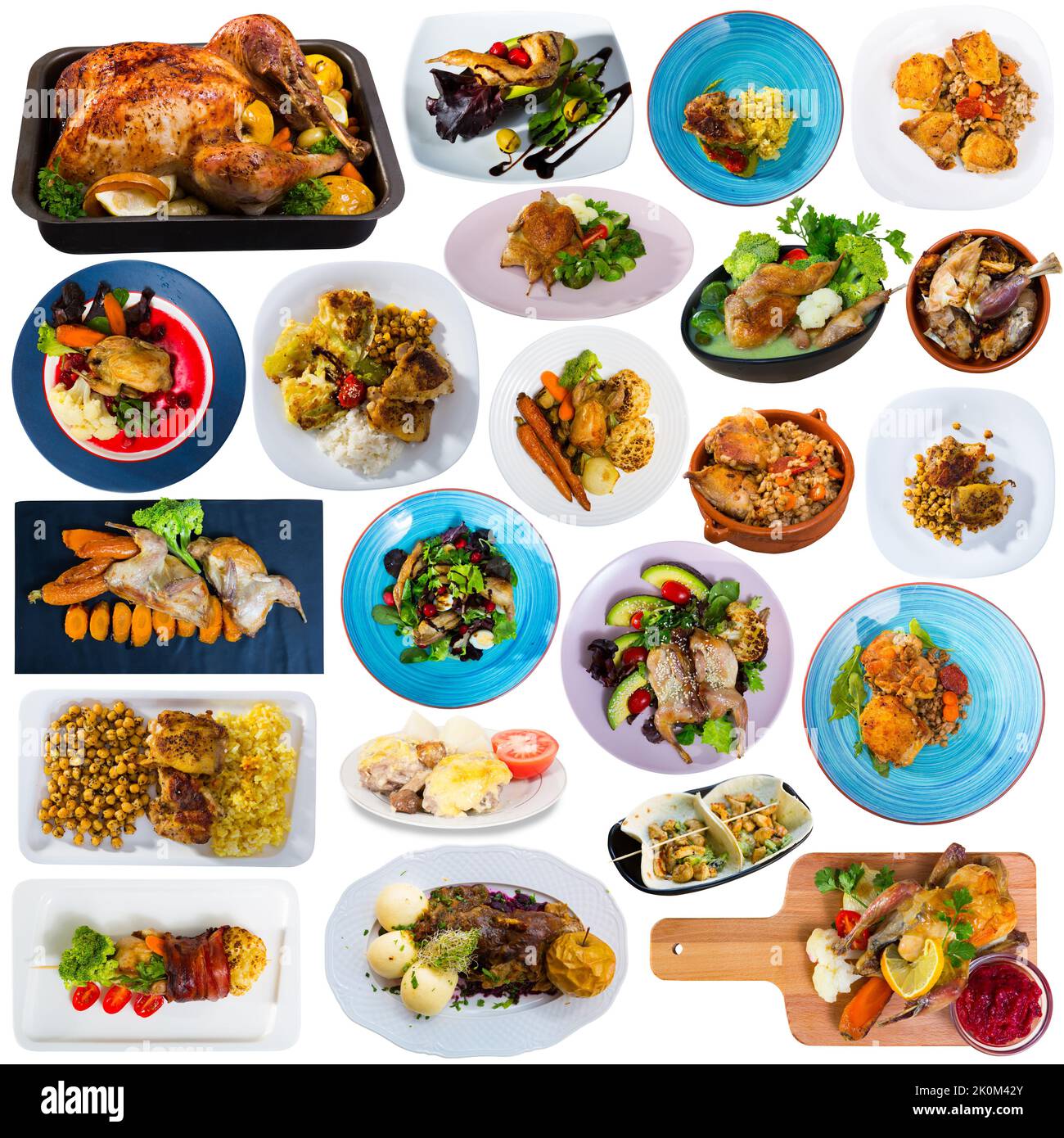 Dishes with cooked fried chicken and baked quail with different ...