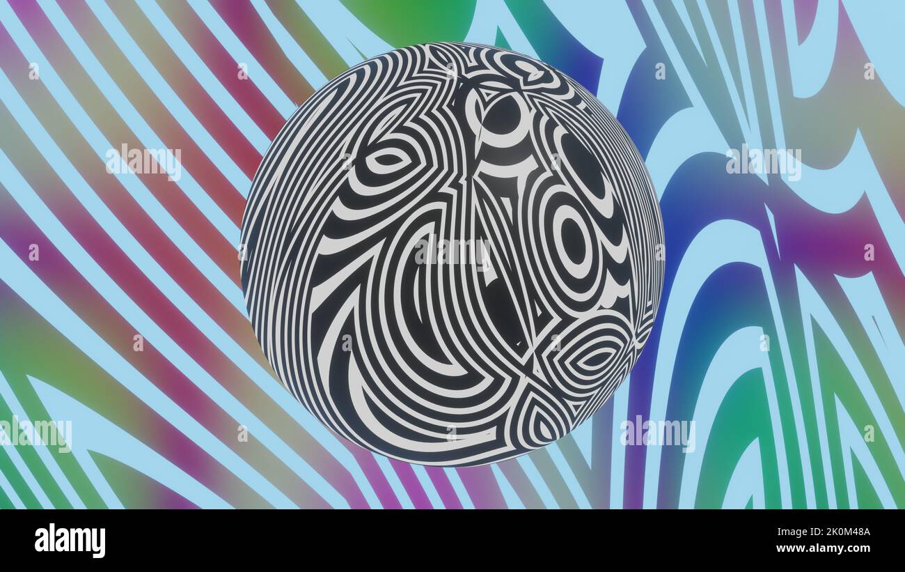Hypnotic sphere on patterned warped texture. Black white and colored ...