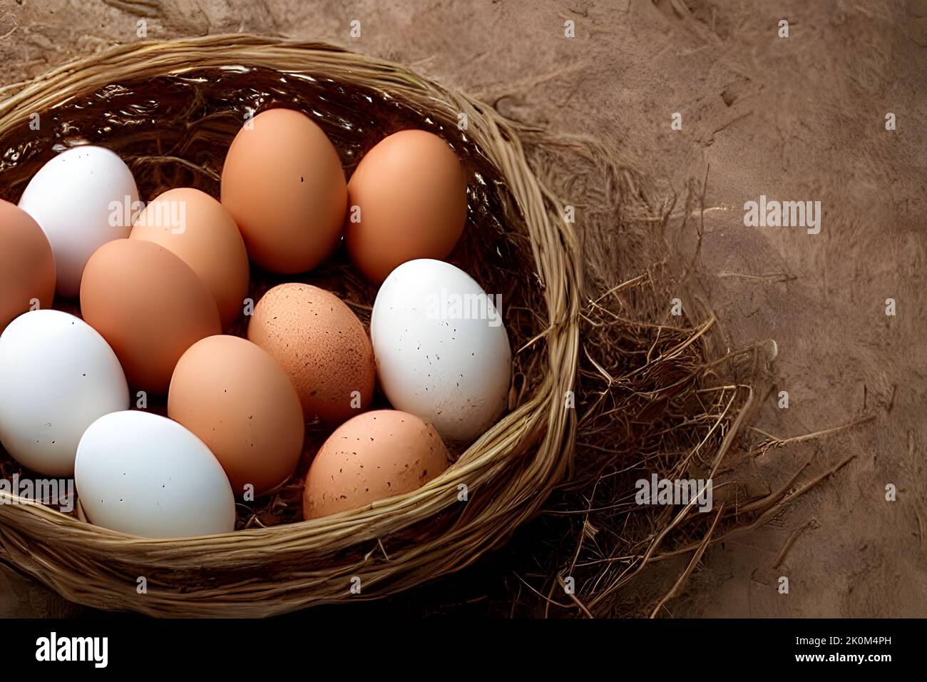 A top shot of homemade chicken eggs in the wicker basket with blurred ...