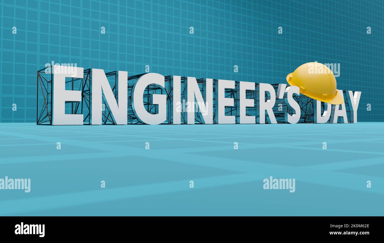 3D Metal Engineer's Day text attached on wire-frame structure, yellow ...