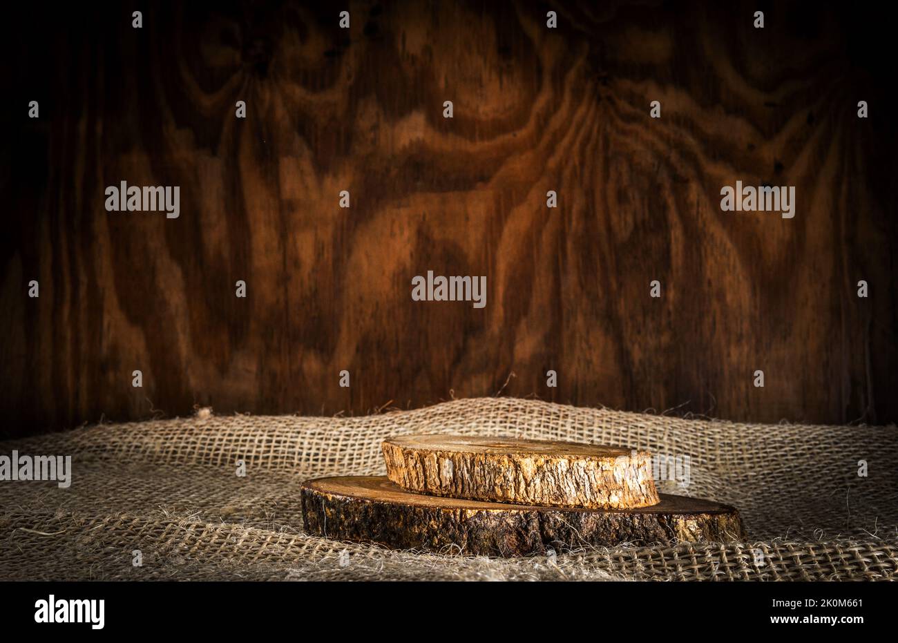 Wooden background with trunks and sack to display products Stock Photo ...