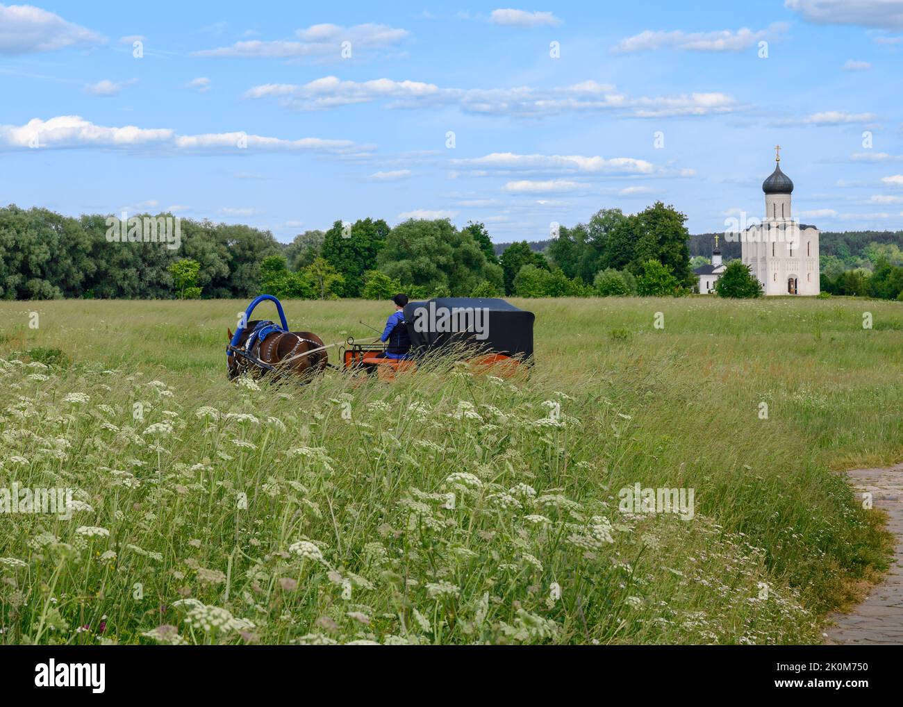 A cart with a horse rides through a meadow with the Church of the ...