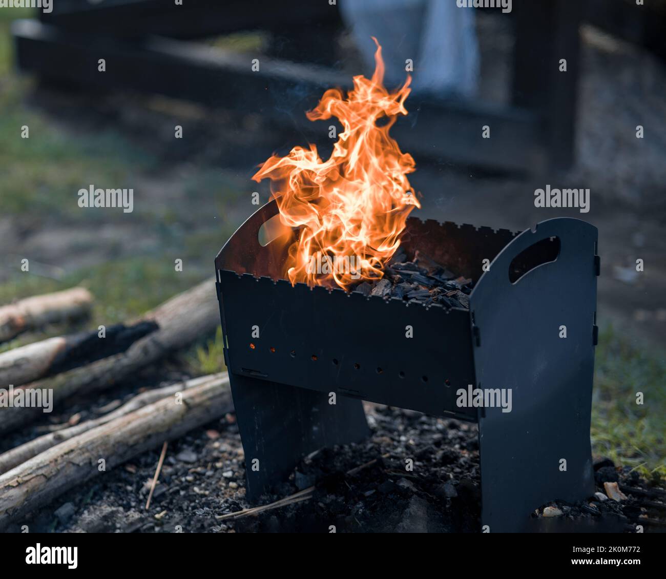 Barbecue grill with open fire outdoors. beautiful fire flame Stock ...