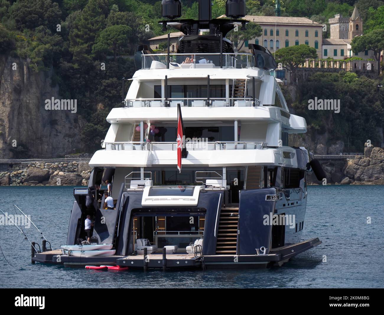 stern view of the 65 metre superyacht Resilience, owned by Geoff ...
