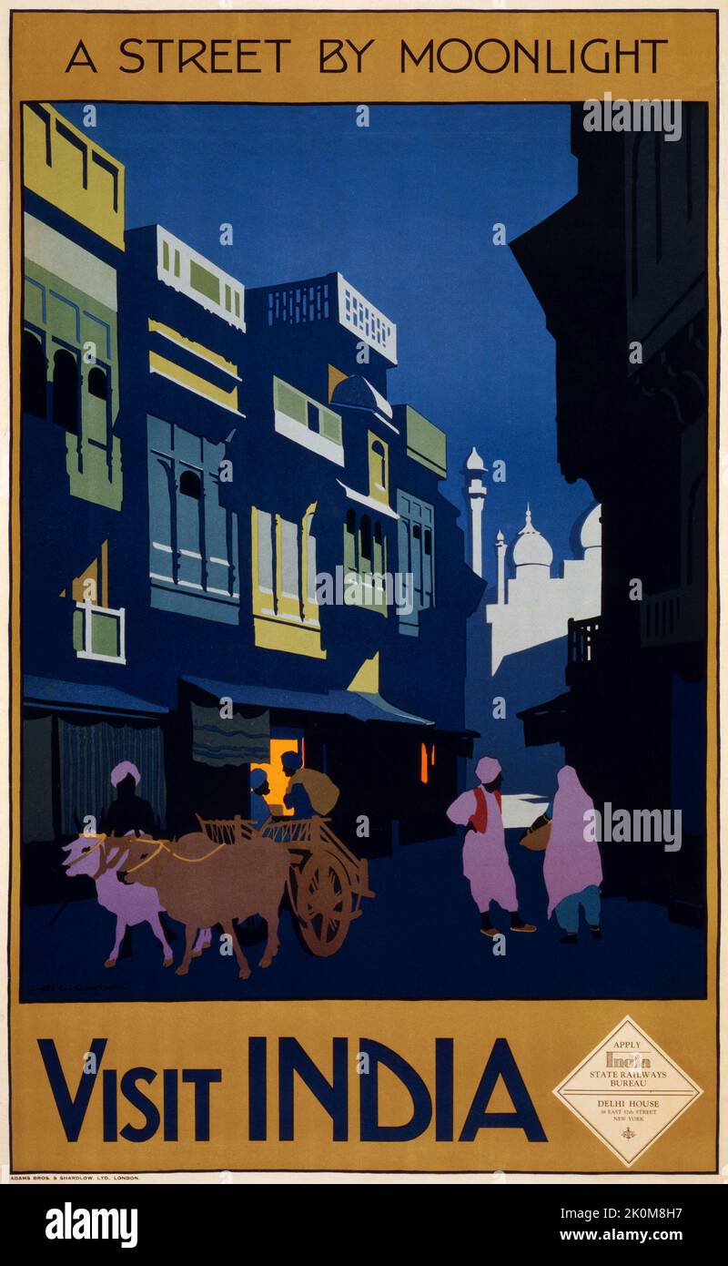 A street by moonlight. Visit India. Apply: India State Railways Bureau ...