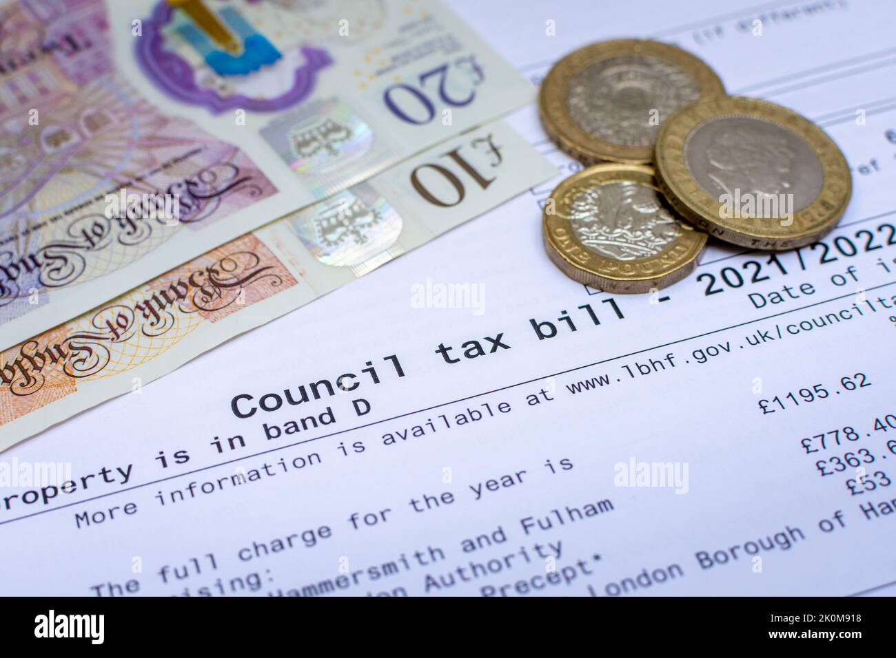 A council tax bill with UK currency. Concept for the cost of living ...