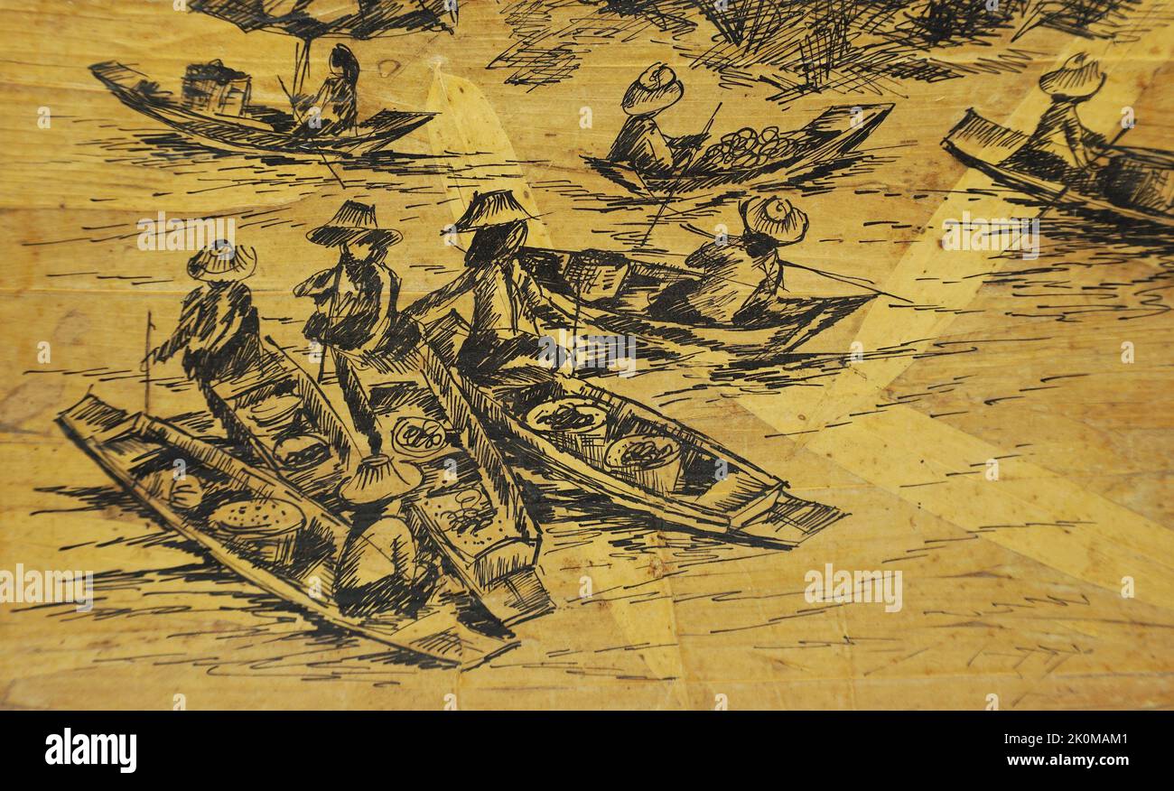 art painting and drawing Floating market on leaf dry Stock Photo - Alamy