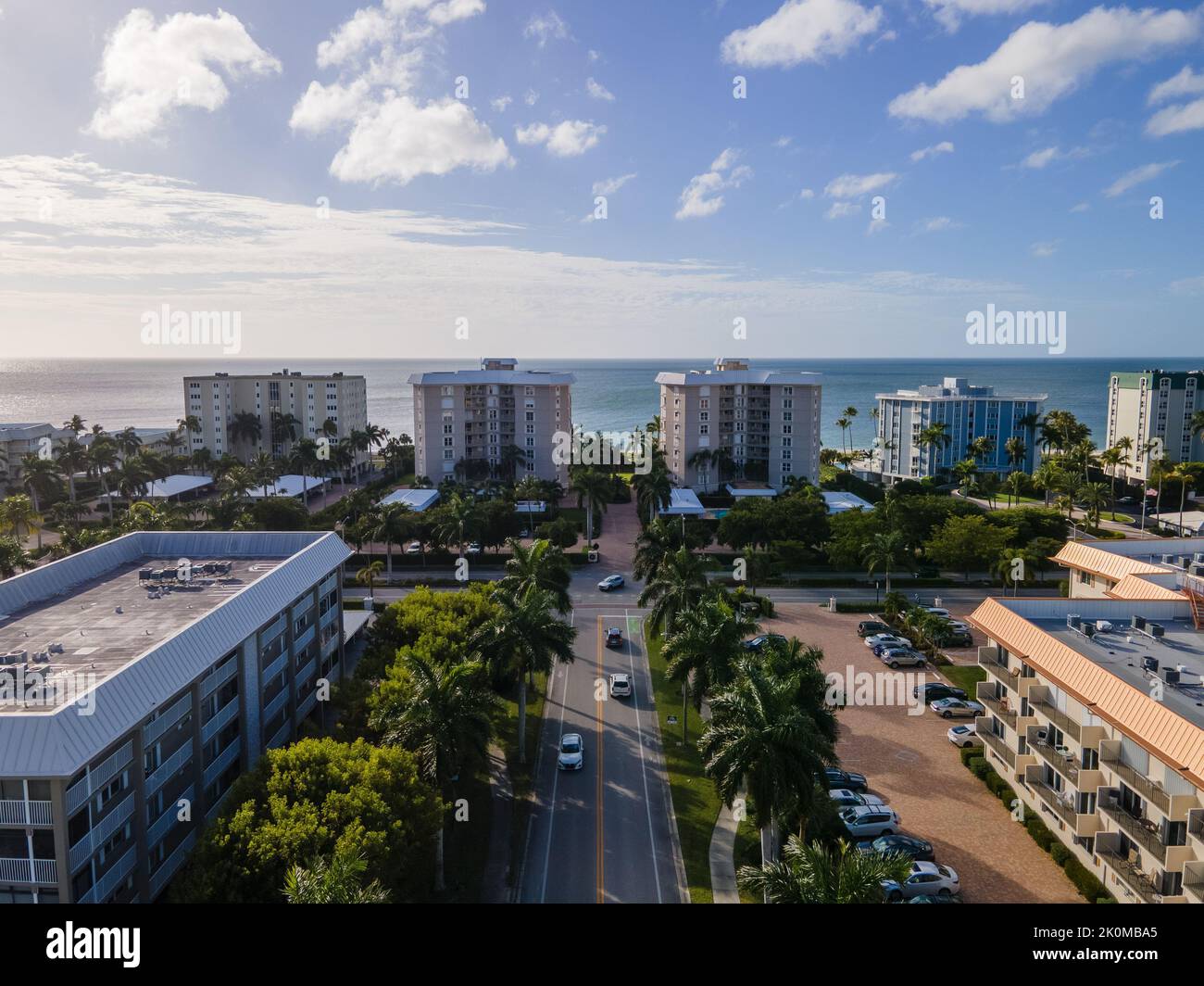 An aerial drone shot of the famous Miami beach buildings and streets ...