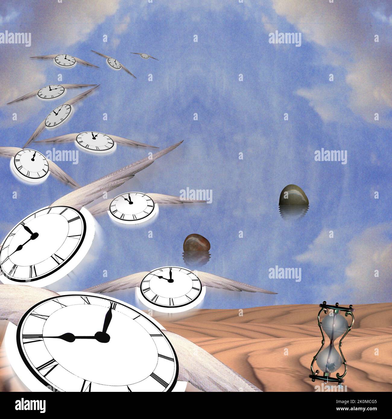 The flow of time. Winged clocks. 3D rendering Stock Photo - Alamy