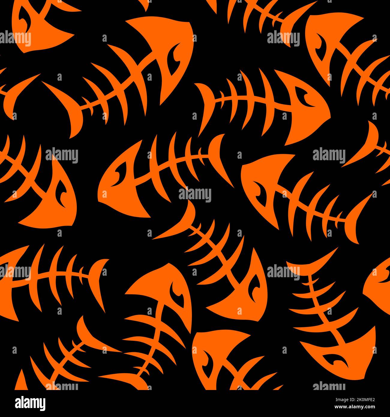 bright seamless pattern of orange graphic fish skeletons on a black ...