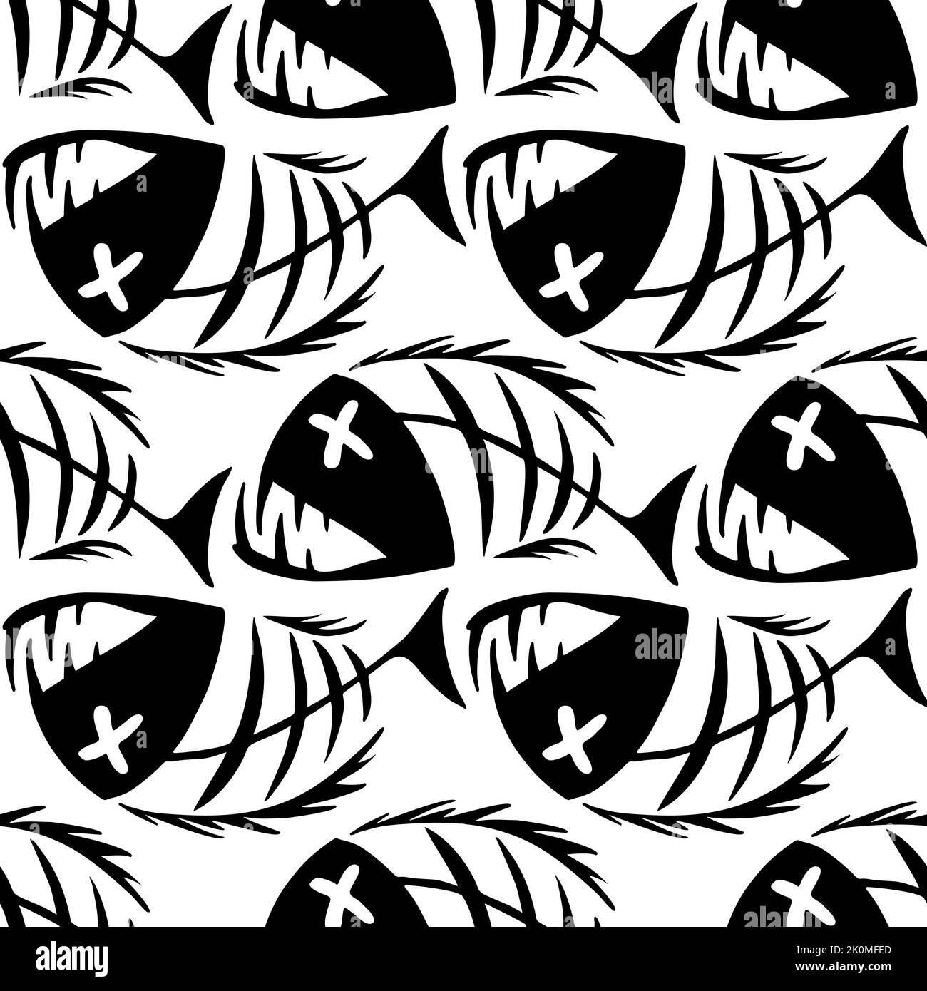 bright seamless pattern of black graphic fish skeletons on a white ...