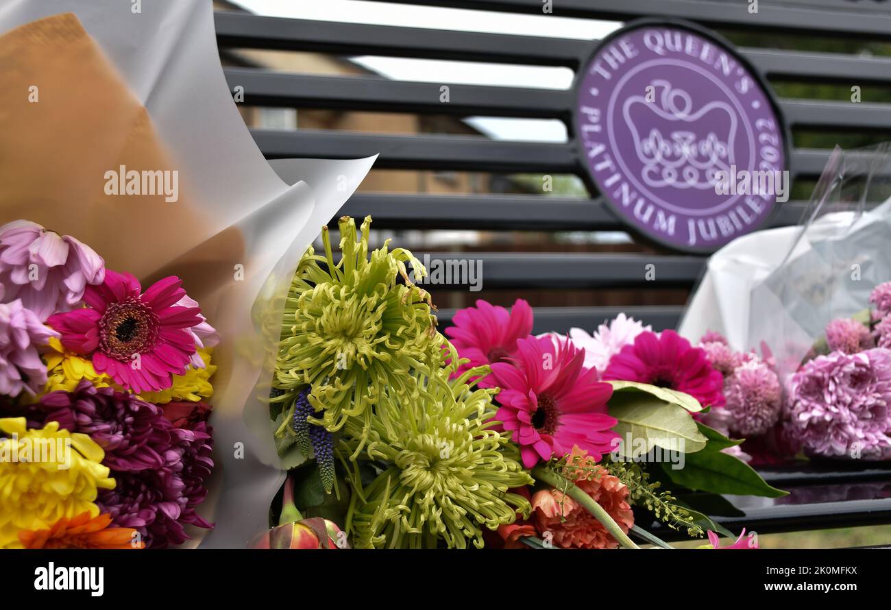 Queen Elizabeth II Platinum Jubilee 2022 Bench With Flowers And A ...