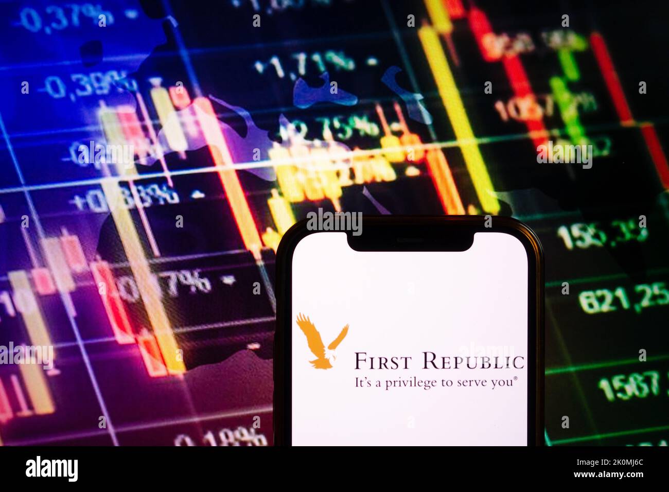 KONSKIE, POLAND - September 10, 2022: Smartphone displaying logo of First Republic Bank company ...