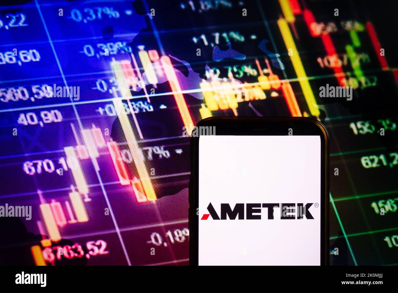 KONSKIE, POLAND - September 10, 2022: Smartphone displaying logo of Ametek company on stock ...