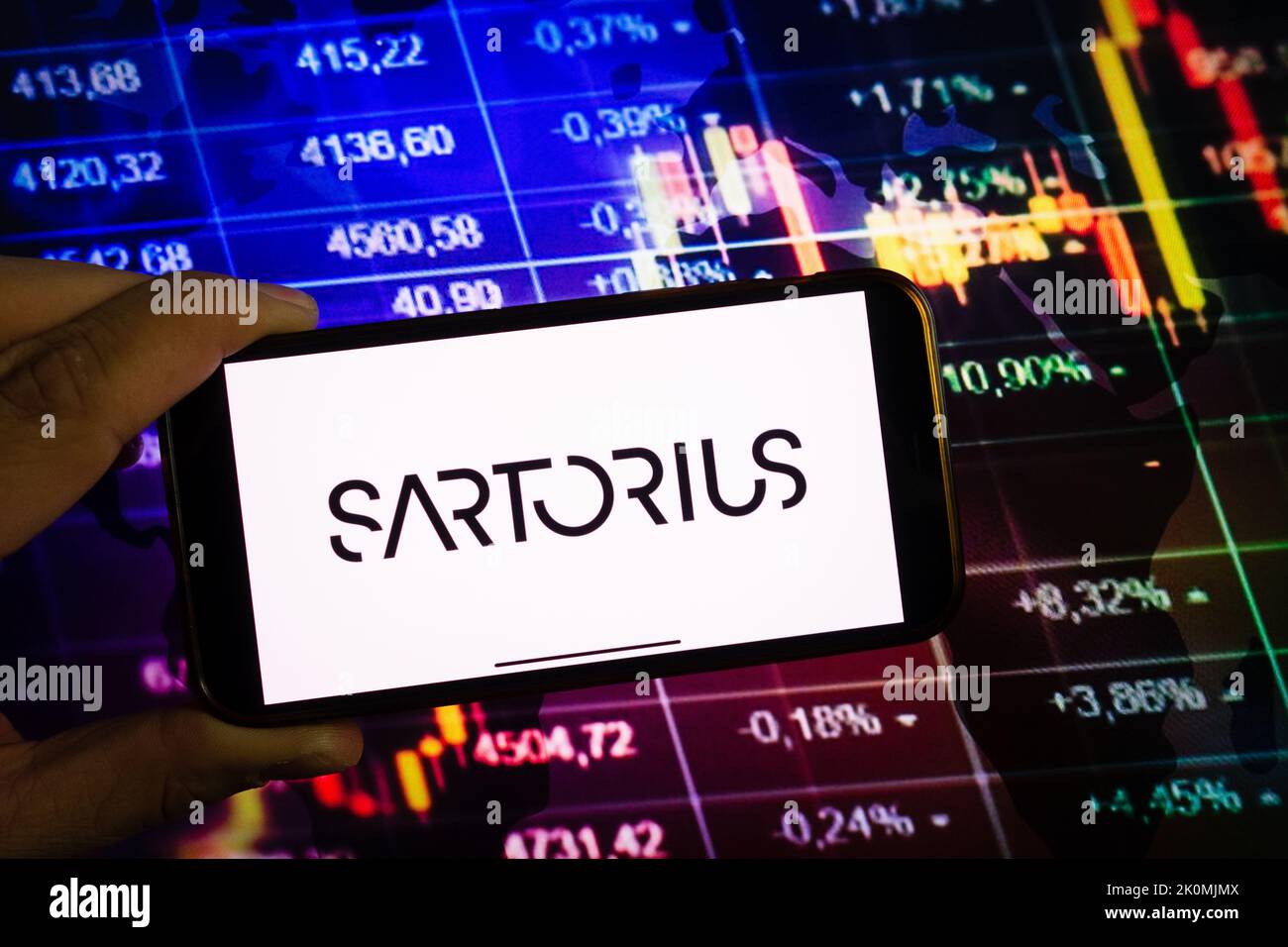 KONSKIE, POLAND - September 10, 2022: Smartphone displaying logo of Sartorius company on stock ...