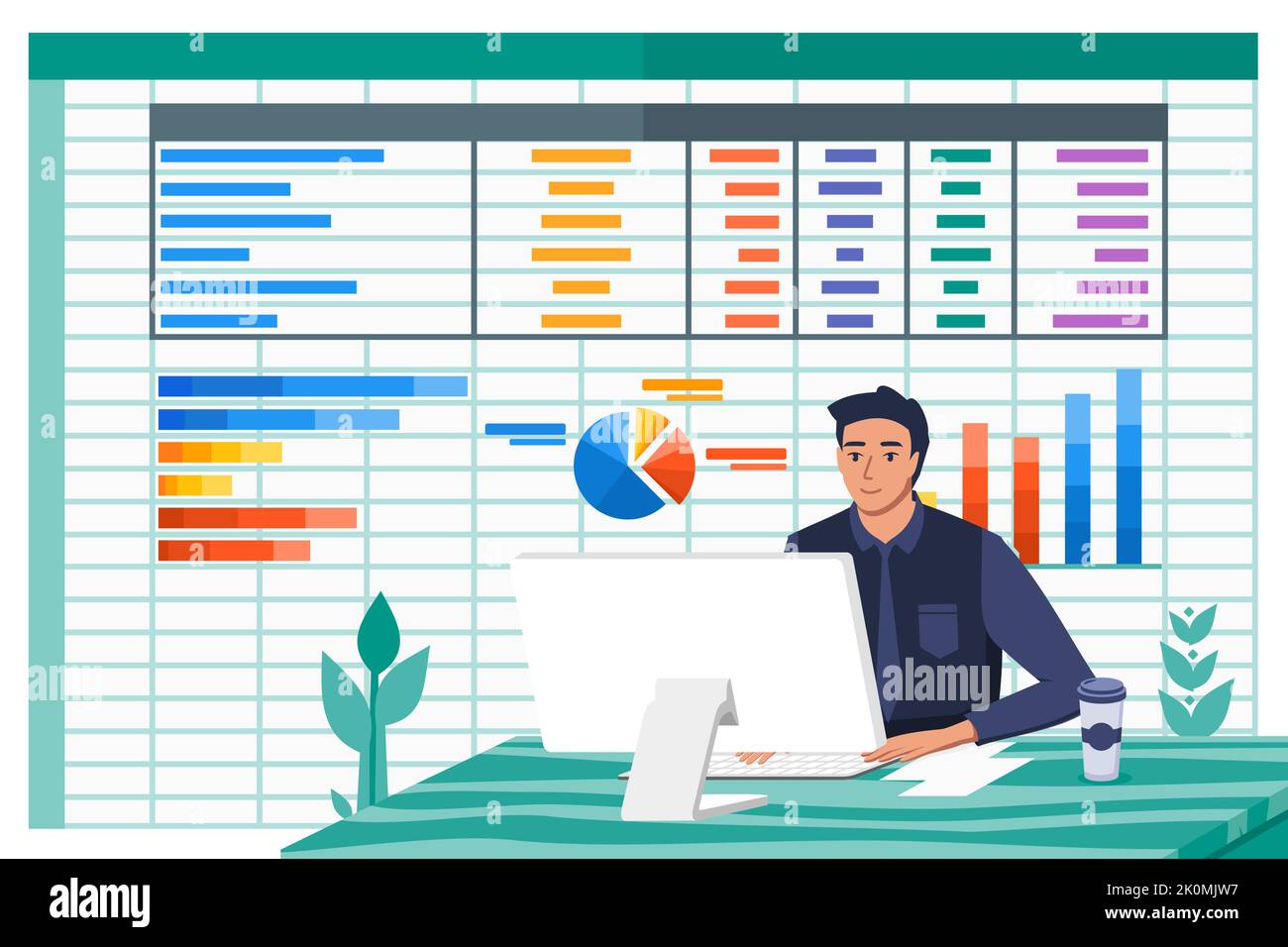 Young Man Accountant Work with Spreadsheet Paperwork Program on Computer Screen in Office ...
