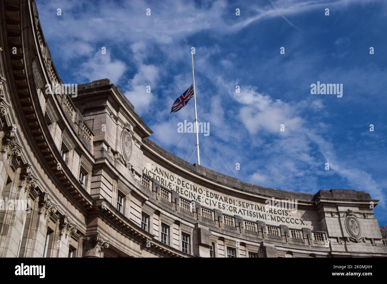London, UK - 12 Sept 2022, A Union Jack flies at half mast on the ...
