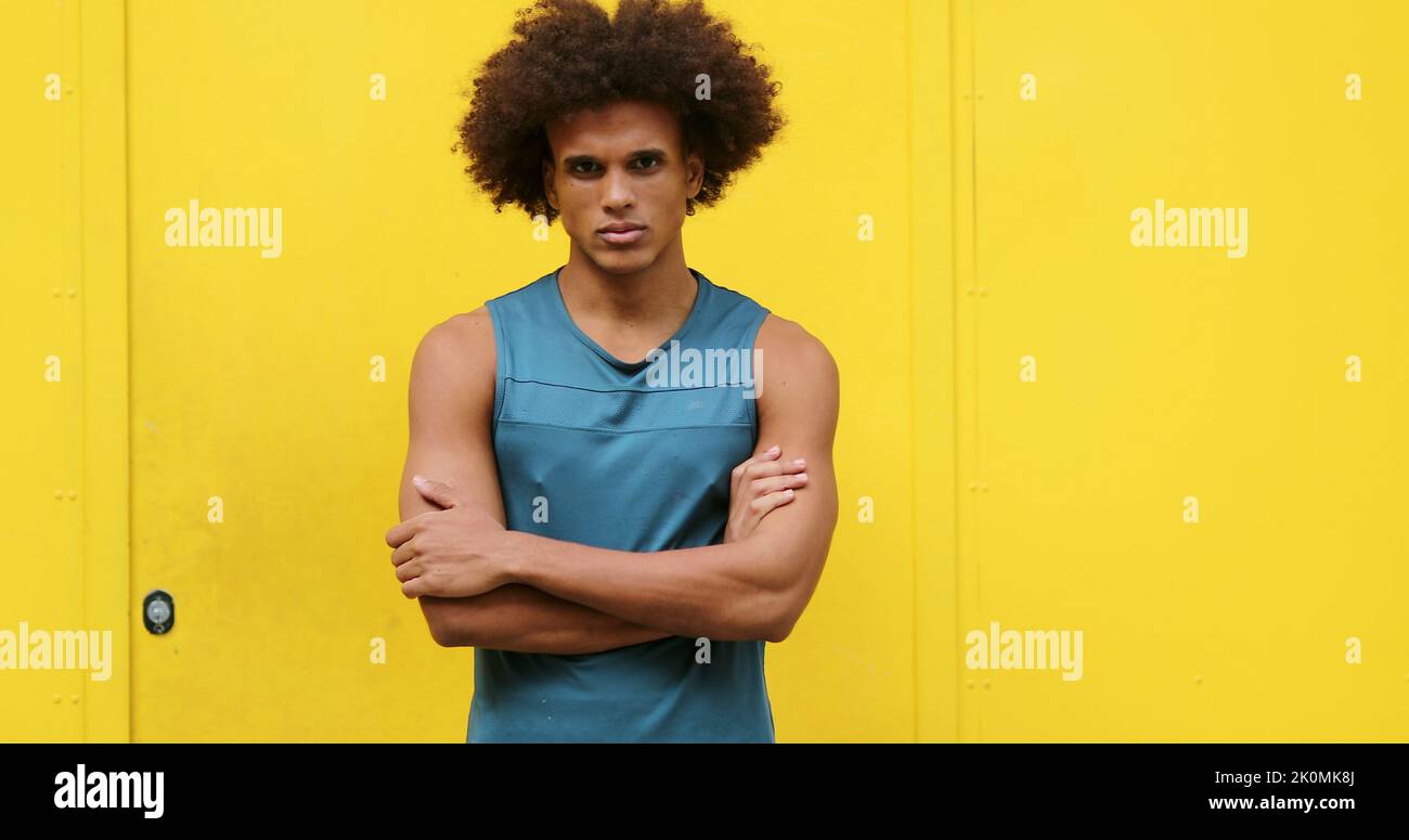 Upset angry african american black man crossing arms looking to camera ...
