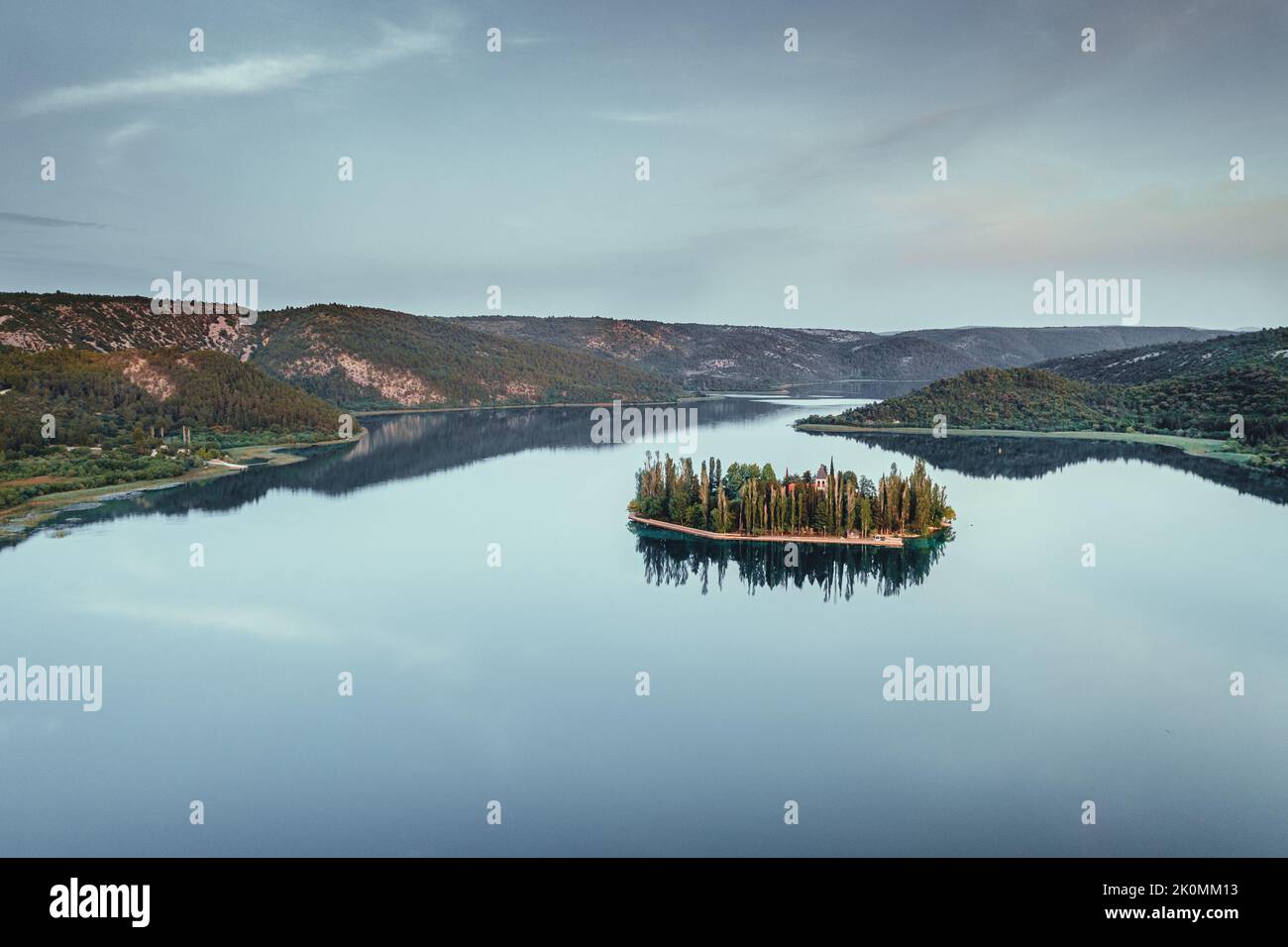 Aerial view of Visovac Monastery, located in Krka National Park &built ...