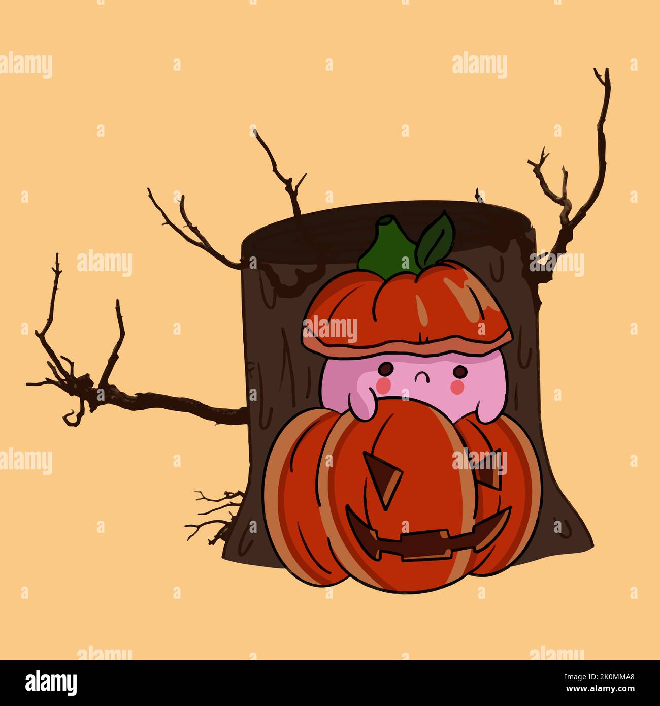 cute pink ghost hiding behind a tukva on a hemp background illustration ...
