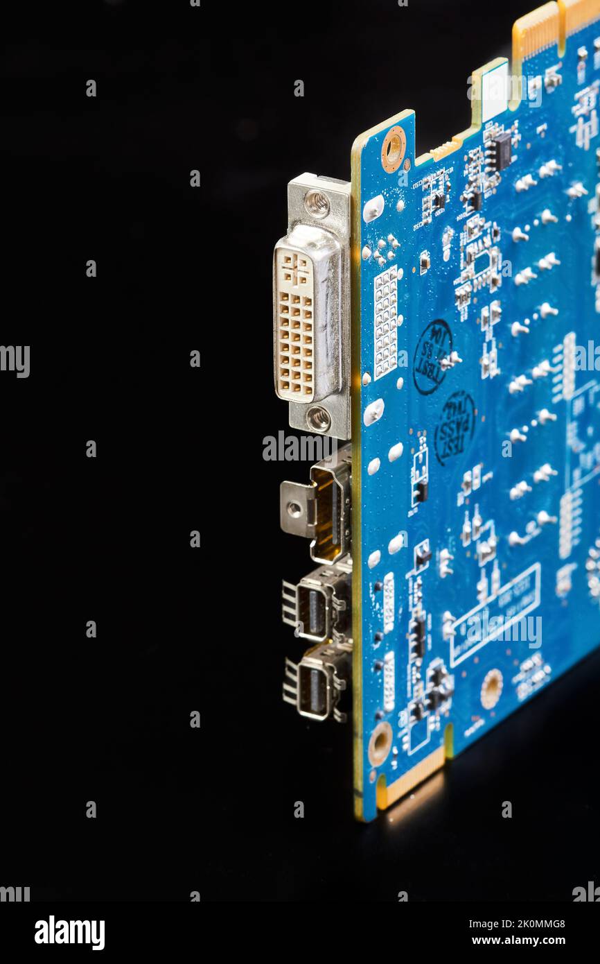 VGA, HDMI, DP connectors on the Computer graphics card on black ...