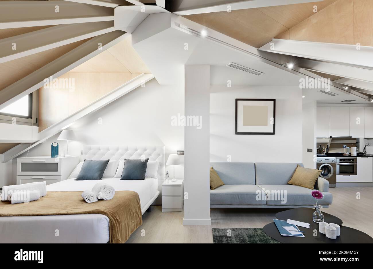 living room in a studio apartment with loveseats with gray fabric ...