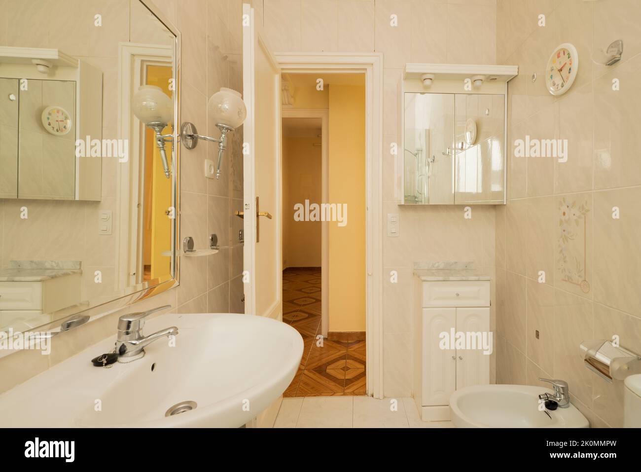 wc in white tones with a mirror on the wall, white porcelain sanitary ...