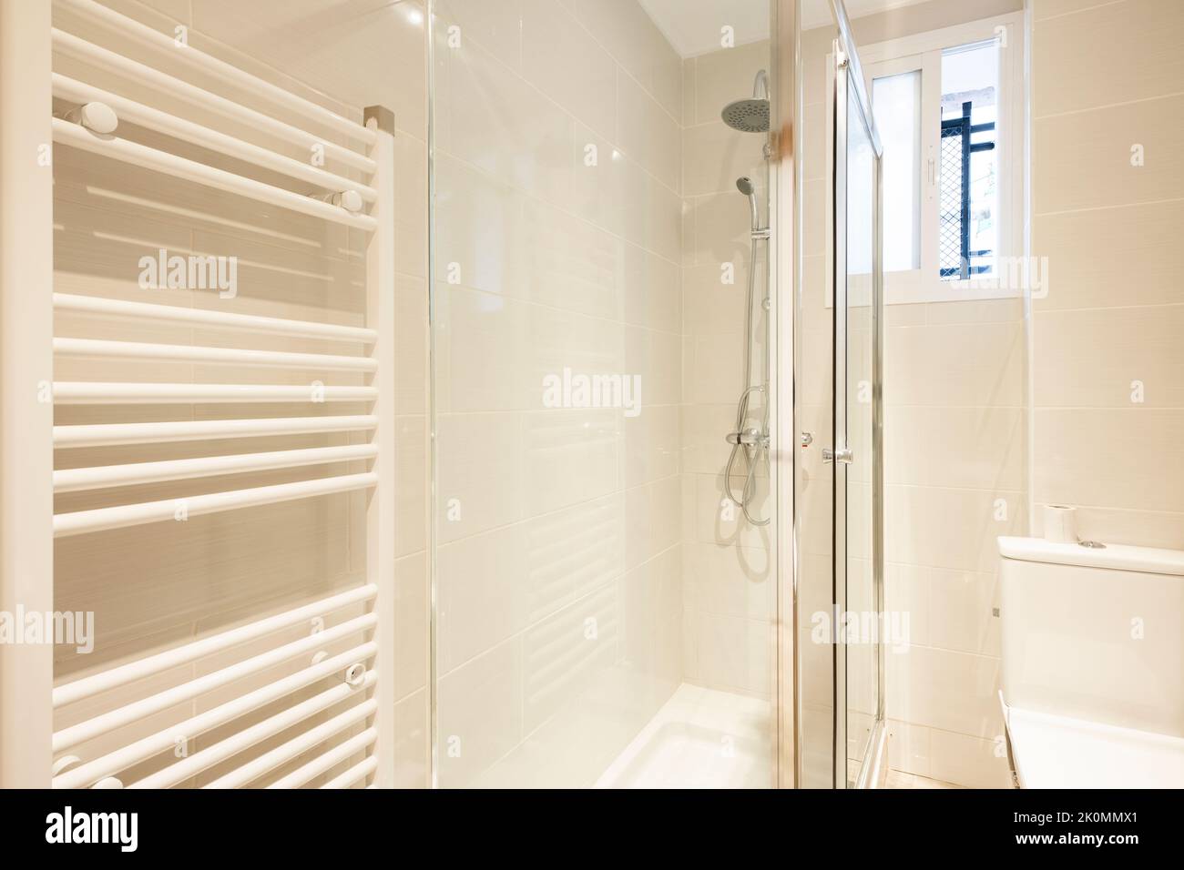wc in white tones with a shower cabin with a sliding glass screen, a ...