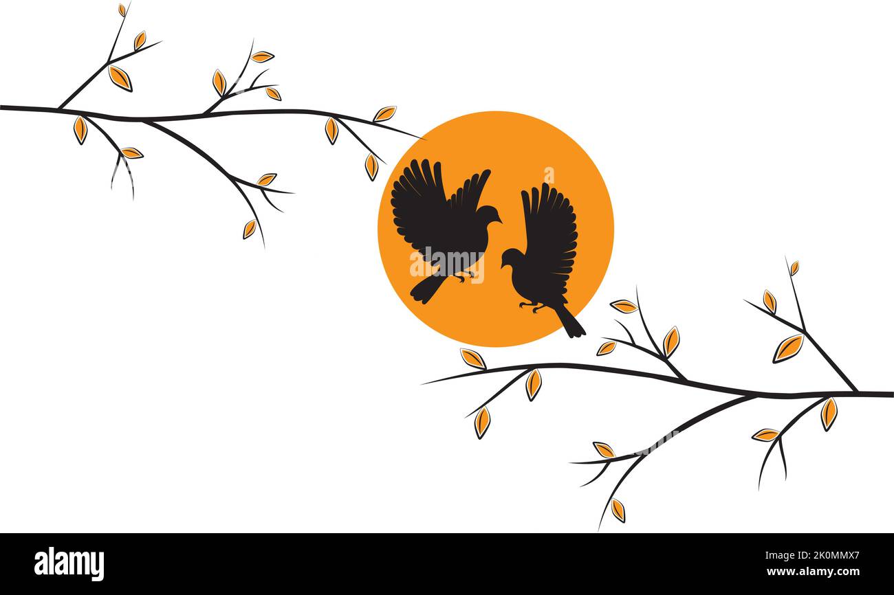 Birds on branch on sunset isolated on white background, vector. Birds ...