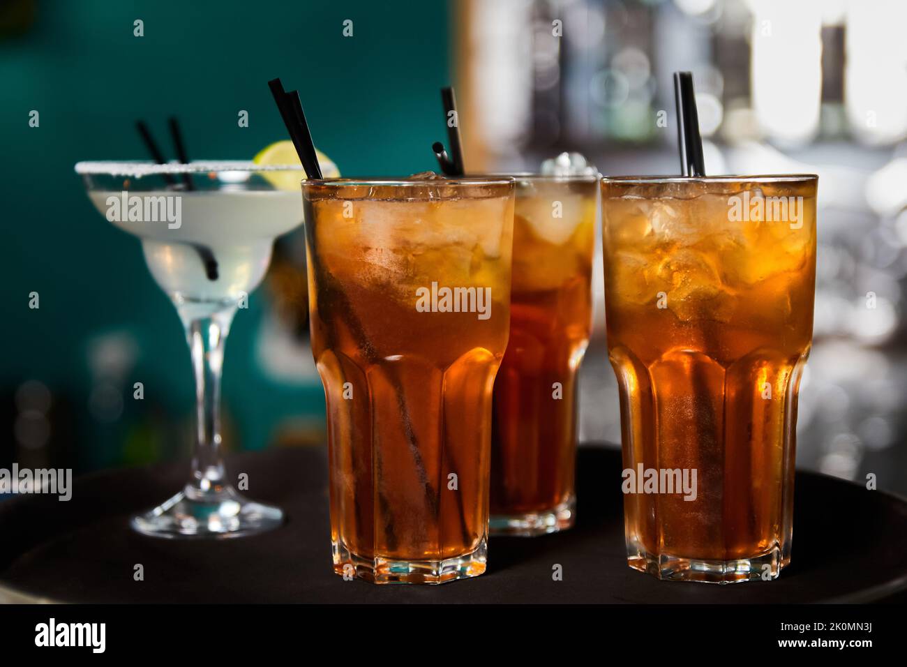 Various alcoholic and non-alcoholic drinks on a tray in a cafe Stock ...