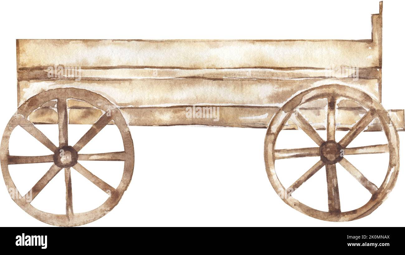 Watercolor wooden cart illustration, farm transport clipart. Wagon ...