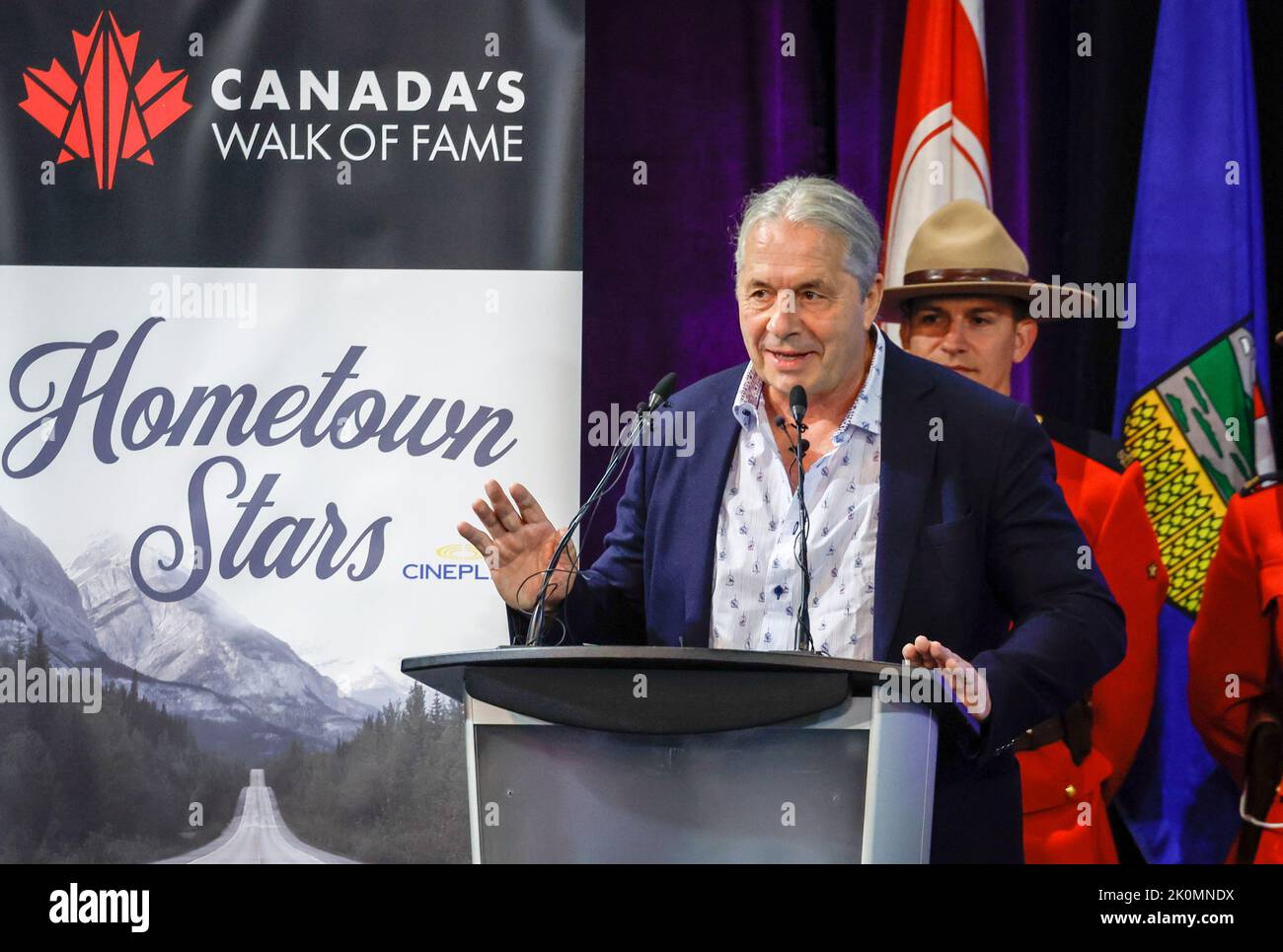 Former WWE wrestler Bret Hart speaks at an unveiling of a replica ...