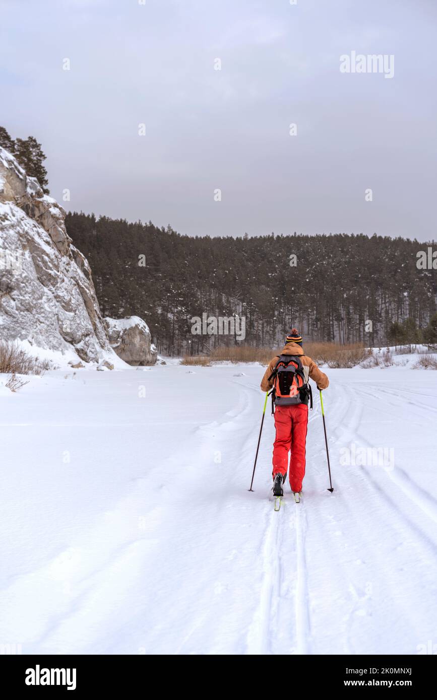 Rear view of young man in red brown clothes with backpack skiing near ...