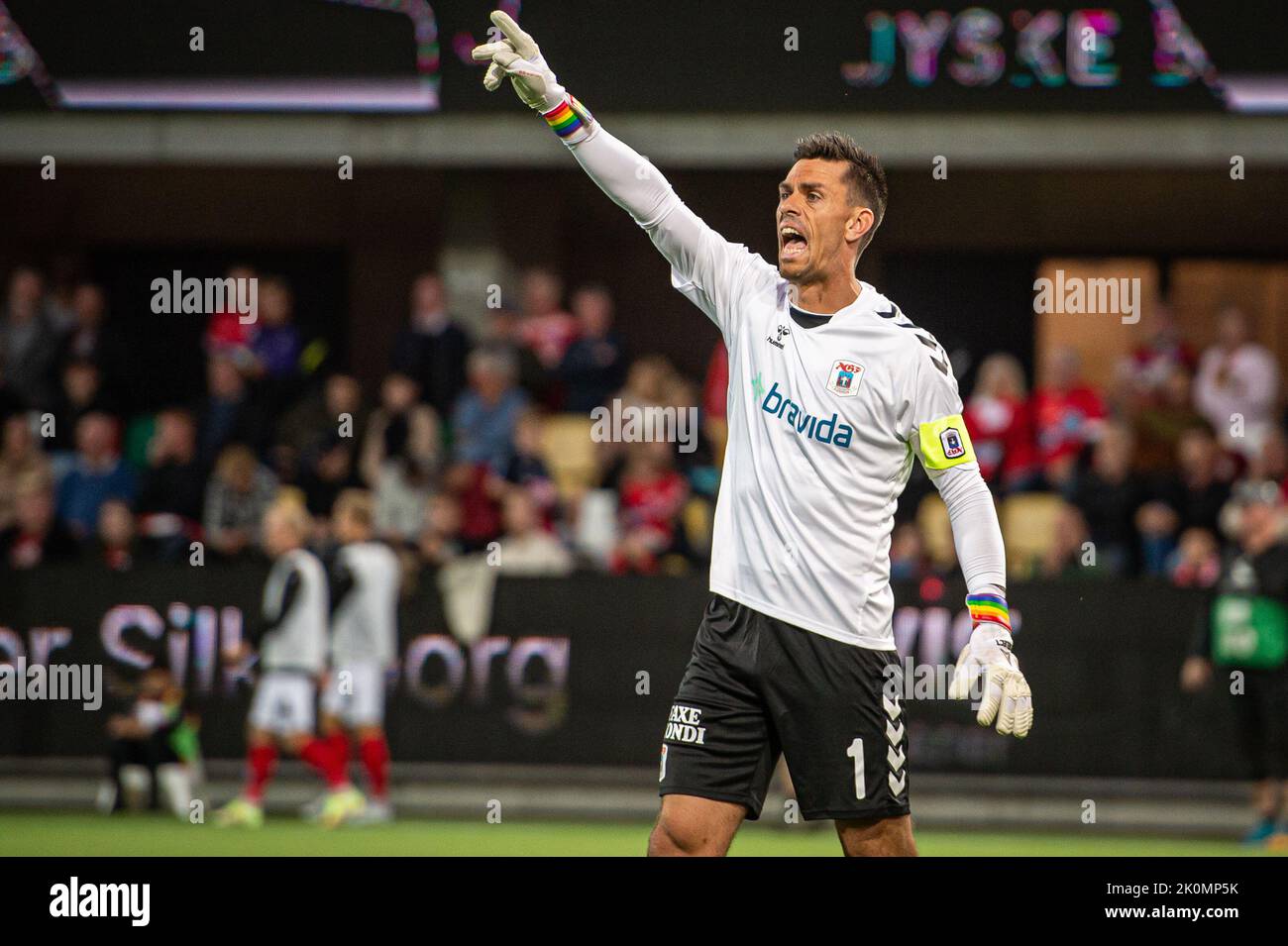Silkeborg, Denmark. 11th, September 2022. Goalkeeper Jesper Hansen (1) of AGF seen during the 3F ...