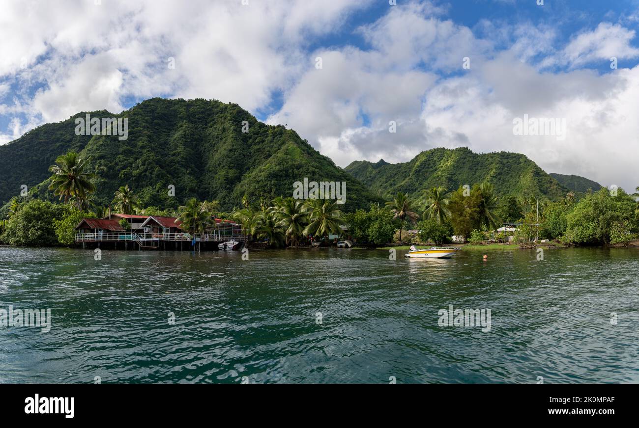 A beautiful shot of Teahupo'o village, Tahiti, French Polynesia Stock ...